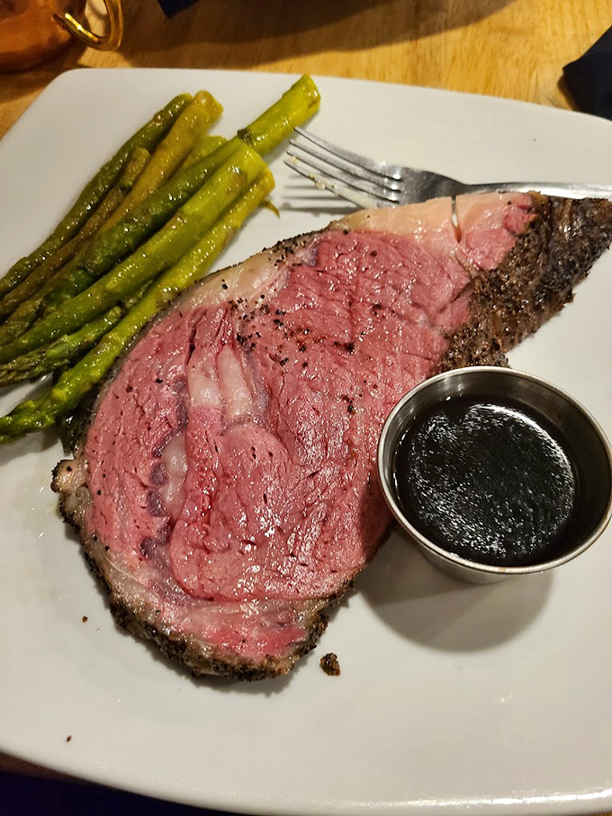 This prime rib, pink and perfect, is the kind of meat that makes vegetarians question their life choices. 