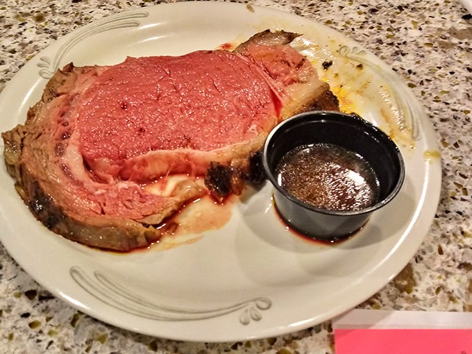 Prime rib that makes vegetarians question their life choices. Perfectly pink, served with au jus that could make a grown man weep with joy.