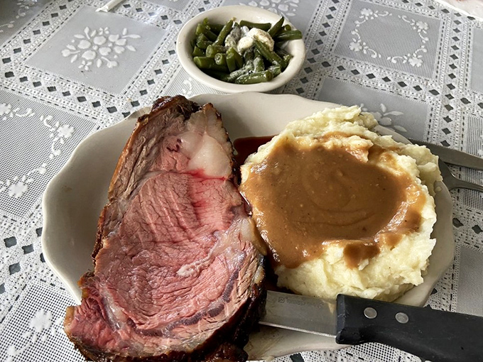 Prime rib that doesn't need a fancy steakhouse setting to shine. This is meat that means business, with gravy that deserves its own fan club.