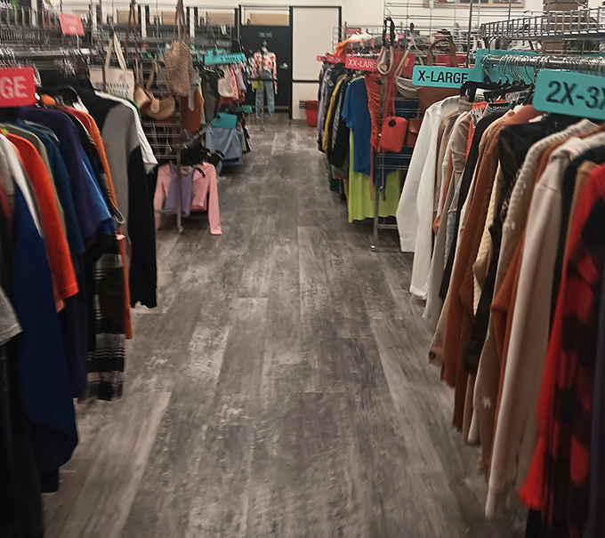 The fashion equivalent of library stacks&mdash;narrow pathways leading to unexpected discoveries. Size markers: the Dewey Decimal System of thrift.