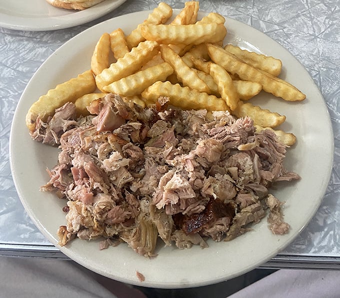 Pulled pork that actually looks pulled, not processed. Those crispy edges and tender strands tell the story of proper smoking technique and patience.