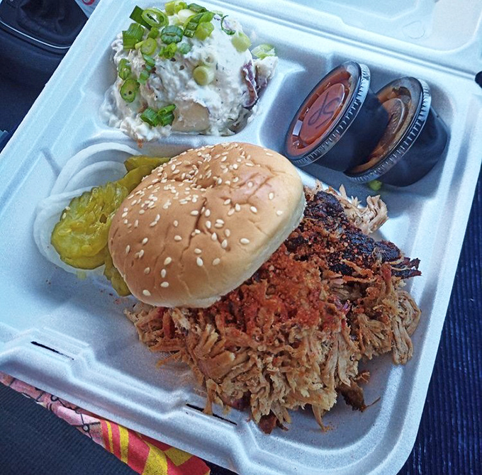 The pulled pork sandwich doesn't just sit there&mdash;it beckons, with crispy bark mixed throughout and a bun that knows its supporting role perfectly.