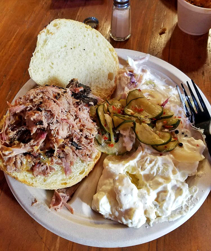 This pulled pork sandwich with potato salad and pickles is the barbecue equivalent of a perfect symphony &ndash; each element playing its part in harmony.