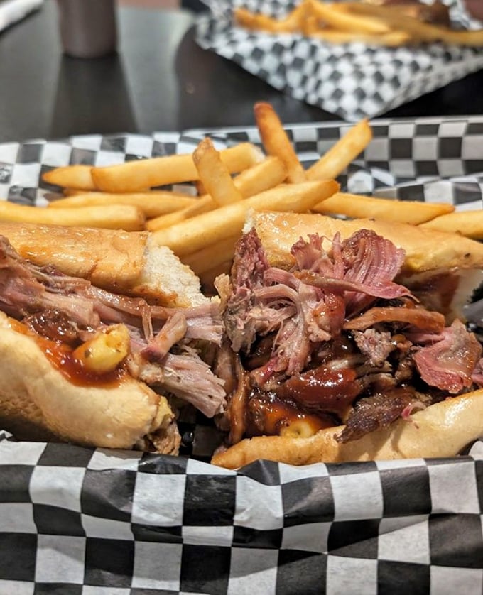 This pulled pork sandwich isn't just a meal, it's an architectural achievement. The sauce-to-meat ratio would make Frank Lloyd Wright proud.