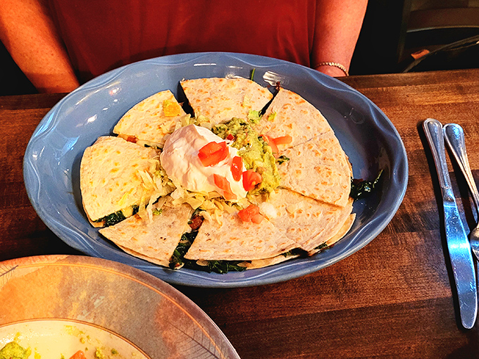 Golden quesadilla wedges arranged like a delicious pie chart showing 100% commitment to your happiness and satisfaction.