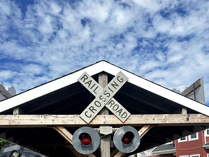 Even the warning signs on Cape Cod have that quintessential New England charm. This railroad crossing marker serves as both safety feature and perfect photo opportunity for nostalgic train buffs.