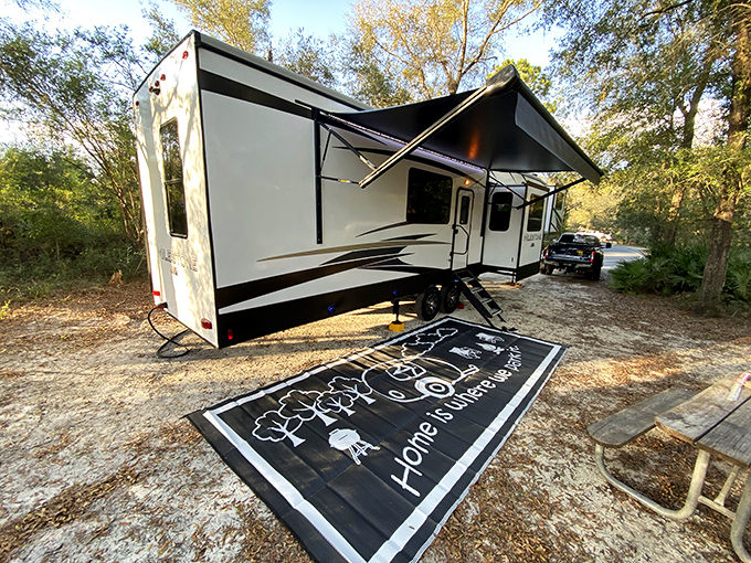 RV camping that lets you bring all the comforts of home to nature, including that welcome mat that's more optimistic than Monday morning coffee.