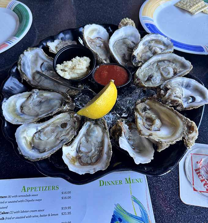 Raw oysters on ice, glistening like edible jewelry &ndash; nature's way of saying "treat yourself" without the guilt.