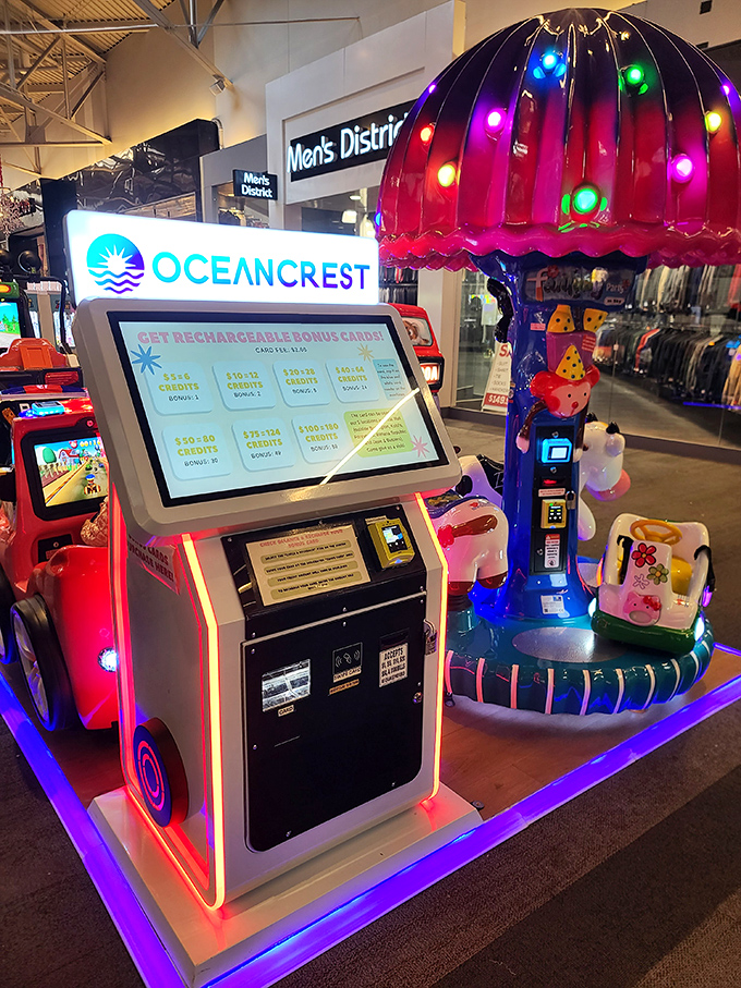 5. Between shopping sprints, the arcade area offers a neon-lit respite where you can trade retail therapy for some button-mashing joy.