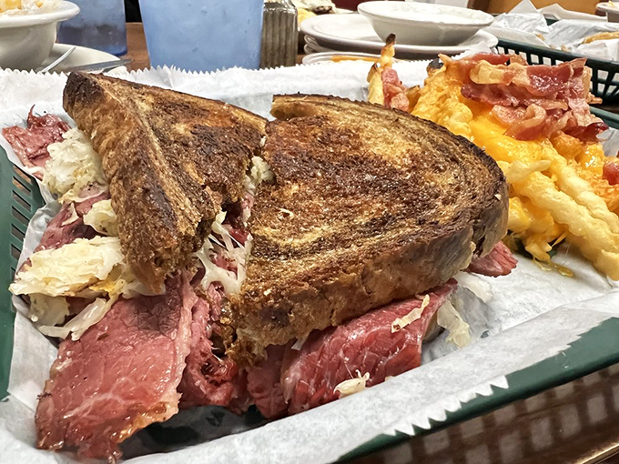 The Reuben that launched a thousand food dreams. Perfectly grilled rye bread barely containing a mountain of corned beef and sauerkraut.
