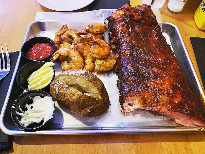 St. Louis ribs and firecracker shrimp sharing a tray like the odd couple of comfort food &ndash; different backgrounds but perfect together.