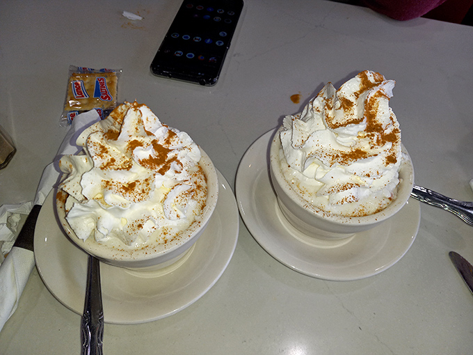 Hot chocolate elevated to an art form, topped with whipped cream mountains and a dusting of cinnamon that whispers, "Take that, ordinary beverages."
