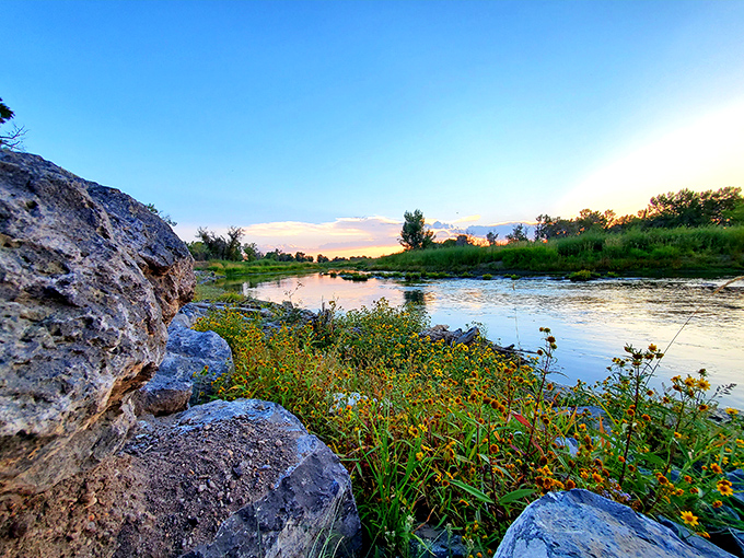 The Rio Grande flows gently through Alamosa, offering peaceful moments where wildflowers, wildlife, and water create nature's perfect meditation spot.