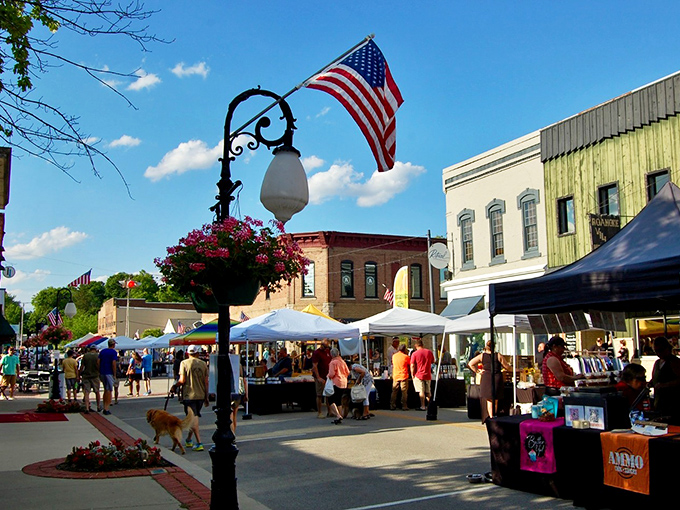 The farmers market transforms Main Street into a community living room, where conversations flow as freely as the fresh produce changes hands.