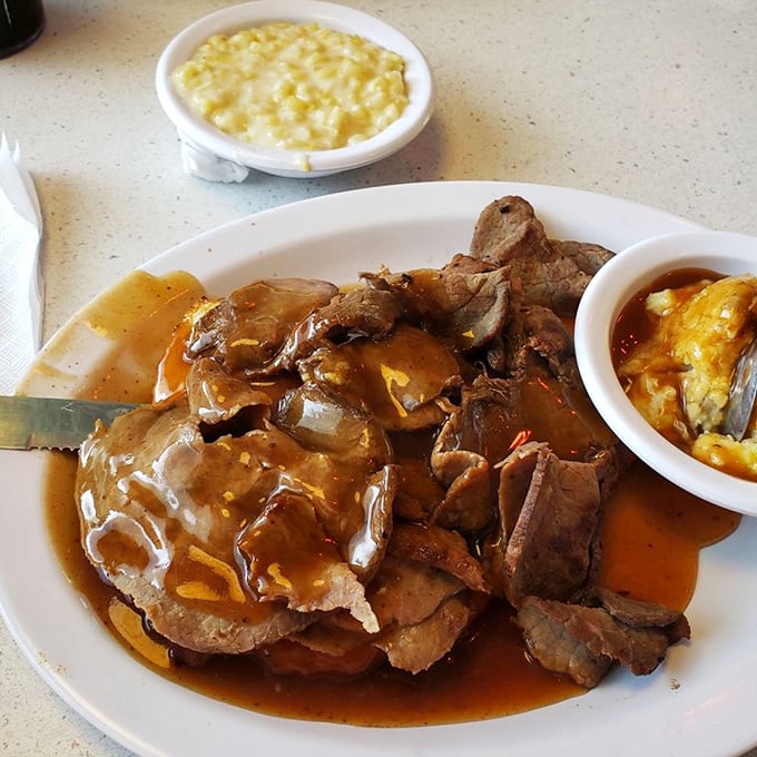 This isn't just roast beef; it's a brown gravy waterfall cascading over tender meat&mdash;comfort food that speaks a universal language.