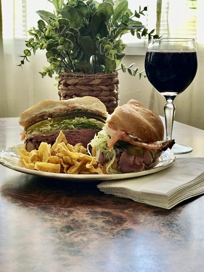The roast beef sandwich and chips, paired with a glass of red wine. Suddenly your kitchen table feels like the best restaurant in town.