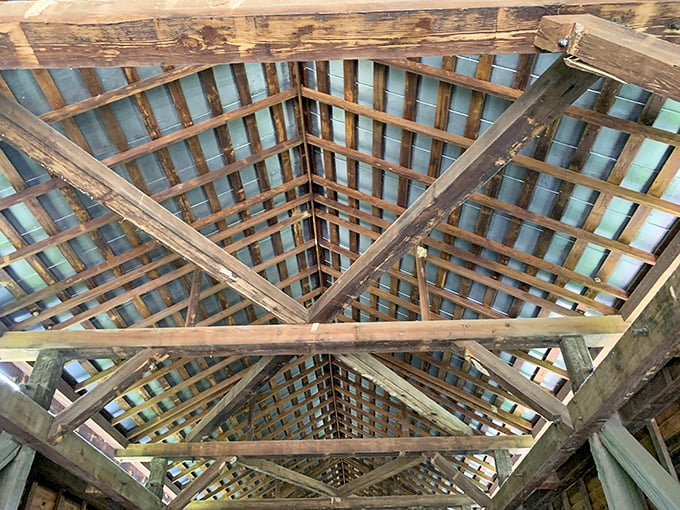 The ceiling's intricate lattice work&mdash;like a wooden kaleidoscope that changes patterns with each visit. No two views ever quite the same. 