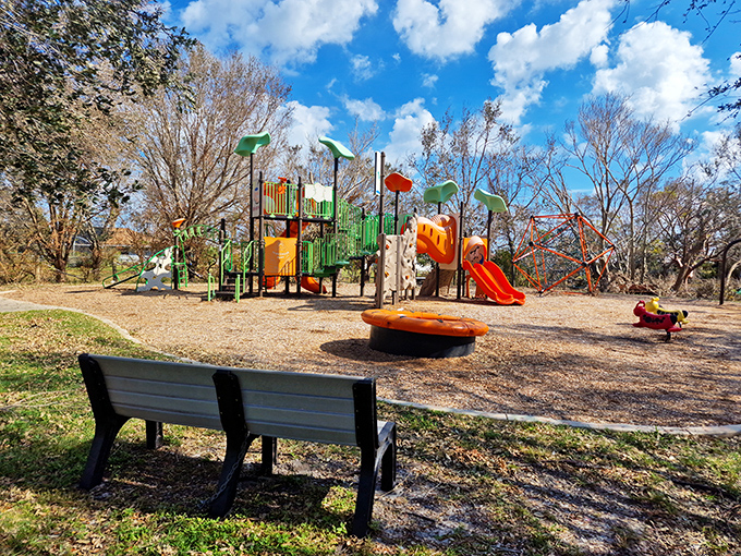 Rotary Park's colorful playground equipment stands ready for tiny adventurers. Grandparents' knees, however, remain skeptical about those climbing structures.