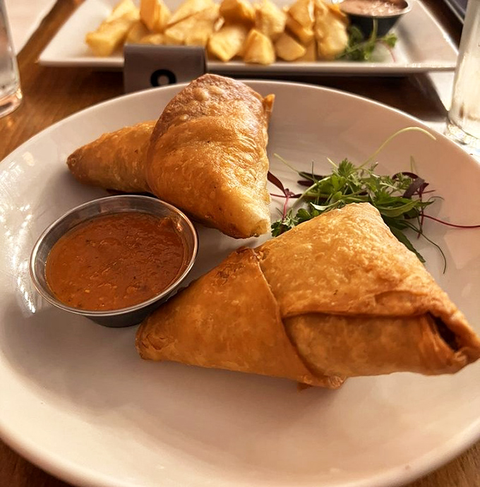 Golden, flaky samosas that crackle with each bite, revealing savory treasures inside &ndash; the Indiana Jones of appetizers.
