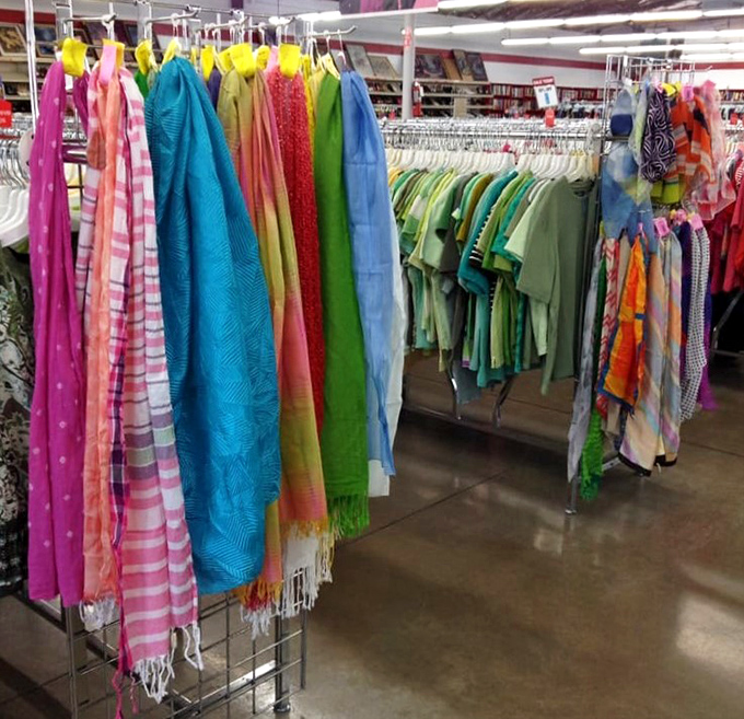 A rainbow of possibilities hangs in the scarf section, where $5 can transform any outfit from mundane to magnificent.