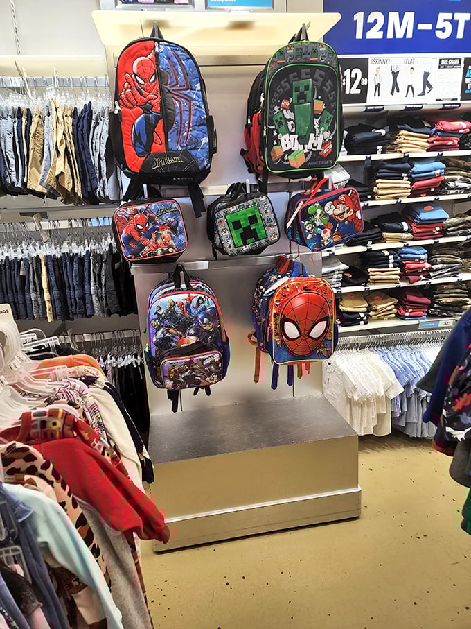 Superhero backpacks stand ready for adventure, proving that even school supplies can have secret identities and origin stories at outlet prices.