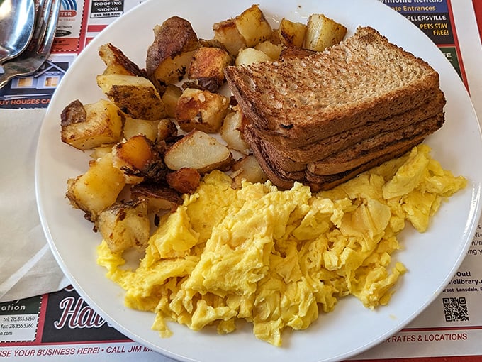 Breakfast architecture at its finest&mdash;perfectly scrambled eggs, home fries with that ideal crisp-to-tender ratio, and toast that's actually worthy of the name.