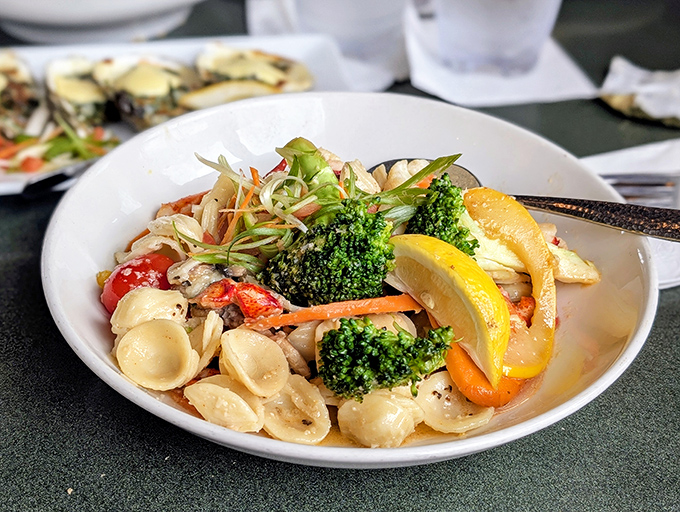 Pasta and seafood: proof that sometimes the best relationships are cross-cultural. Those vegetables add color to both the plate and your diet.