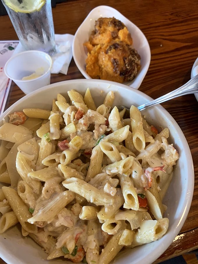 Pasta that doesn't know it's supposed to be Italian&mdash;penne swimming in creamy sauce with seafood treasures hiding between each bite.