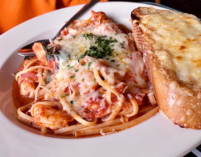 Seafood pasta that doesn't mess around &ndash; plump shrimp nestled in a tomato sauce that clearly didn't come from any jar you've ever seen.