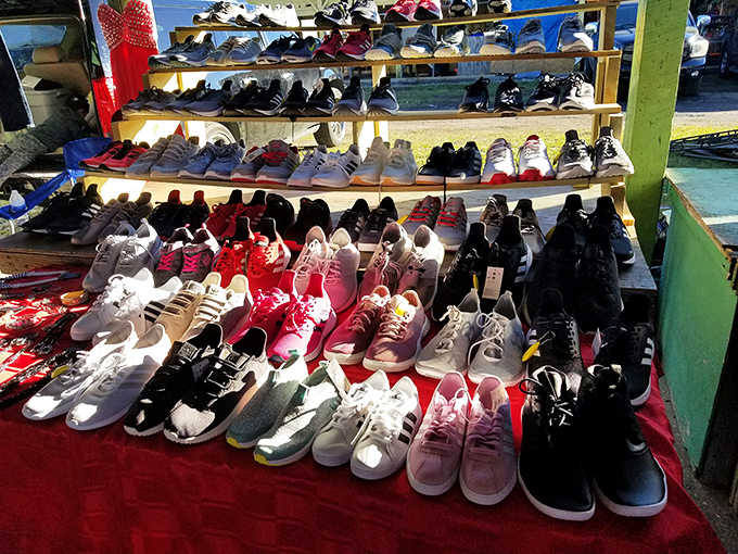 Sneaker heaven for the footwear aficionado. Like a United Nations of athletic shoes, every brand and style peacefully coexisting on this red carpet.