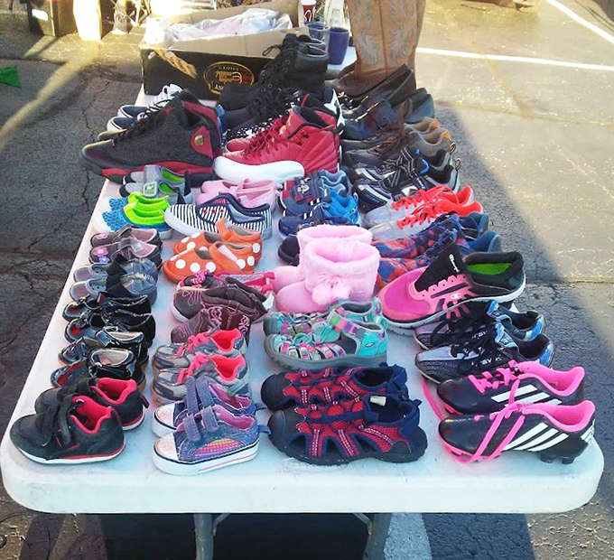 A footwear buffet where every pair has a story. From tiny sneakers to grown-up kicks, this table offers sole-ful possibilities for every family member.