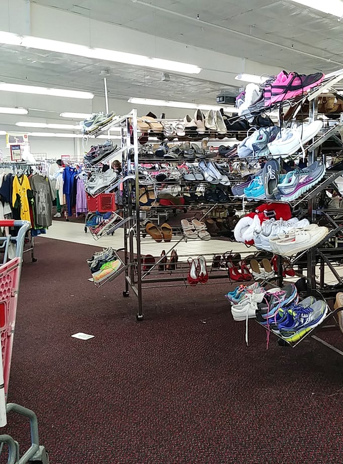 A shoe lover's paradise where athletic sneakers mingle with dress shoes like guests at a peculiar footwear cocktail party.