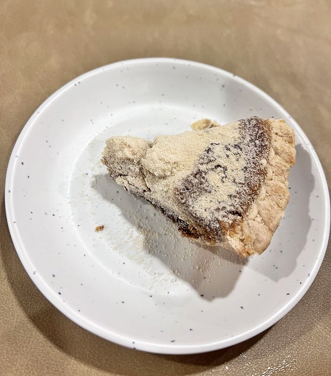 Shoofly pie dusted with powdered sugar &ndash; Pennsylvania Dutch comfort in triangular form. Resistance is futile, just embrace the sweetness.