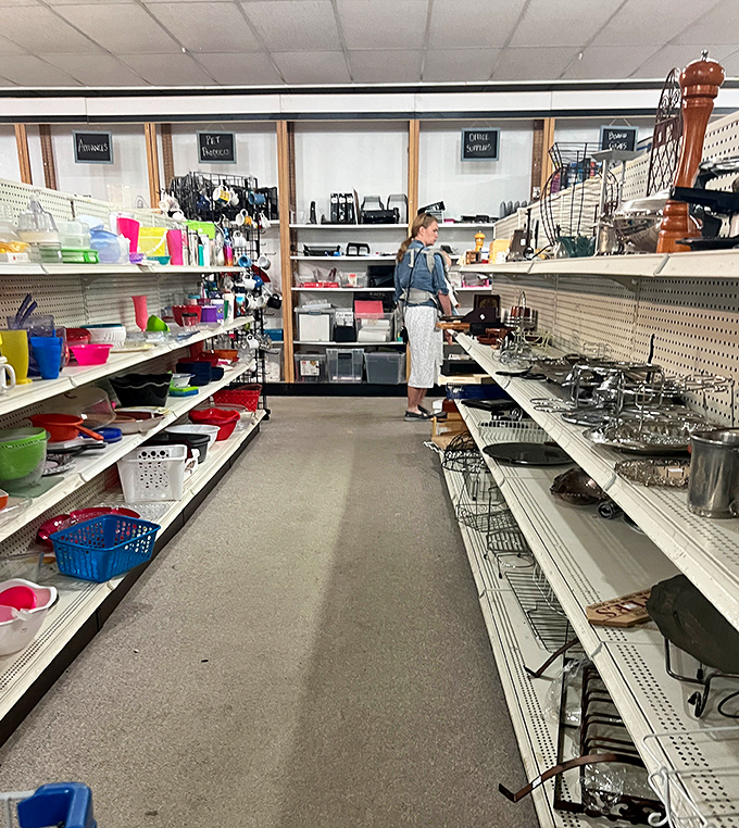A shopper contemplates her next move in this kitchenware chess match. Will it be the colorful bowls or the vintage glassware that captures her heart?