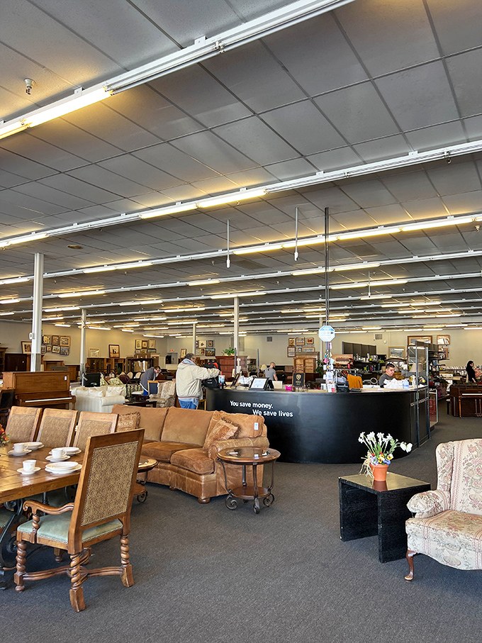 The checkout counter where "You save money, we save lives" becomes more than just a clever slogan.