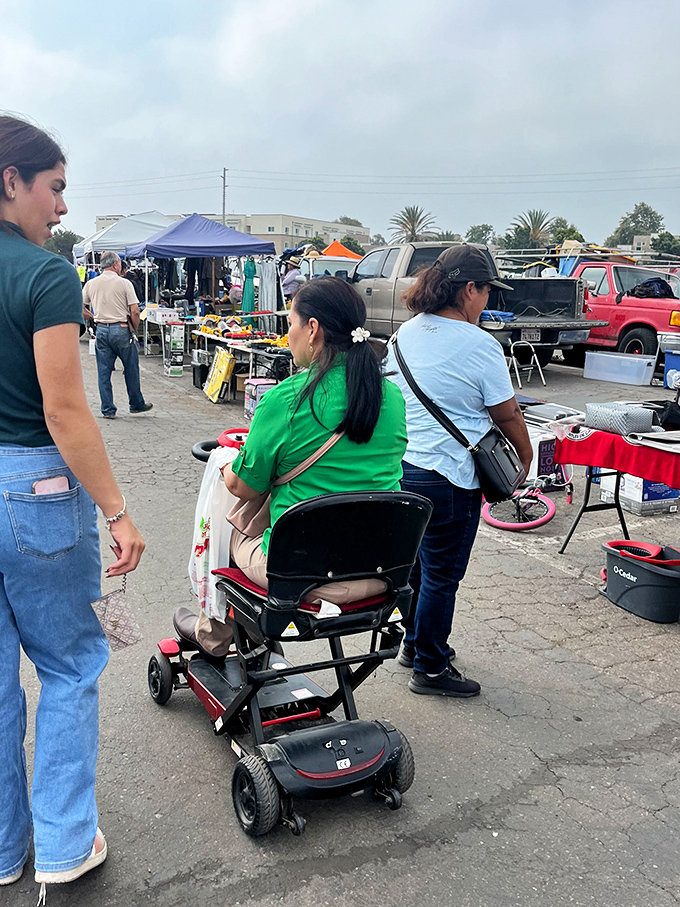 The swap meet welcomes shoppers of all mobility levels, proving that treasure hunting should be accessible to everyone with a keen eye for value.