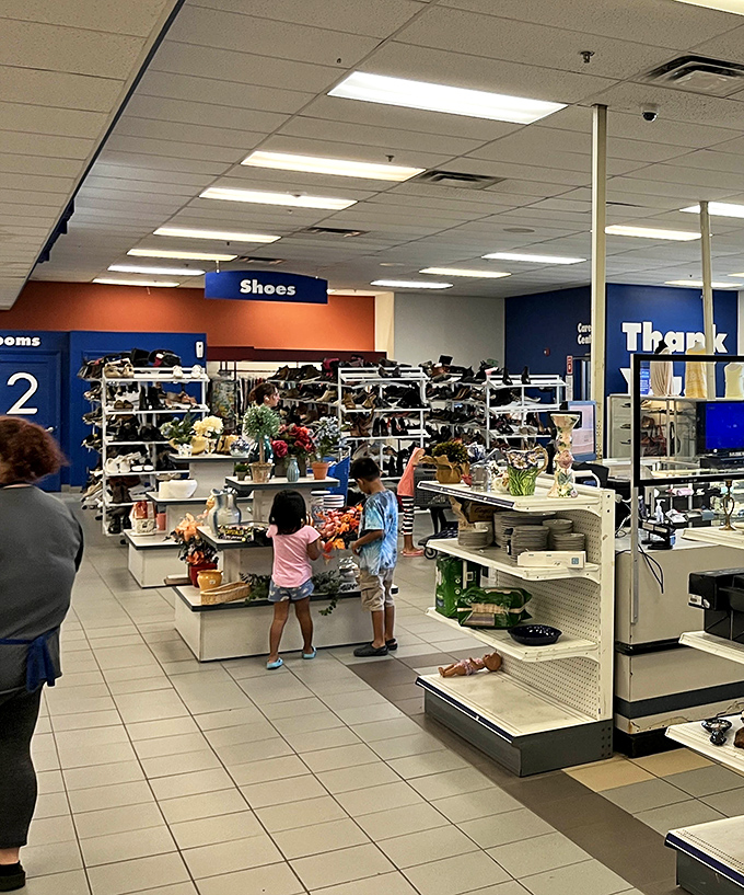 The shoe section resembles a footwear fantasyland where barely-scuffed Clarks desert boots might sit alongside nearly-new Nike running shoes.