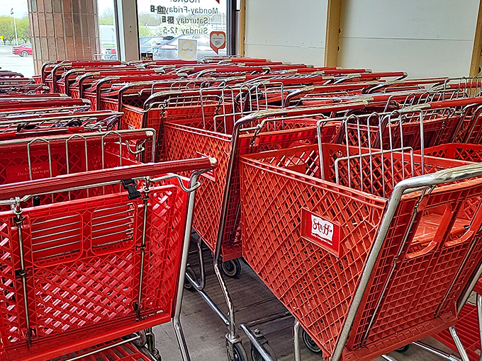 The red cart brigade stands ready for action&mdash;your first clue that this is no ordinary "pop in for five minutes" shopping experience.