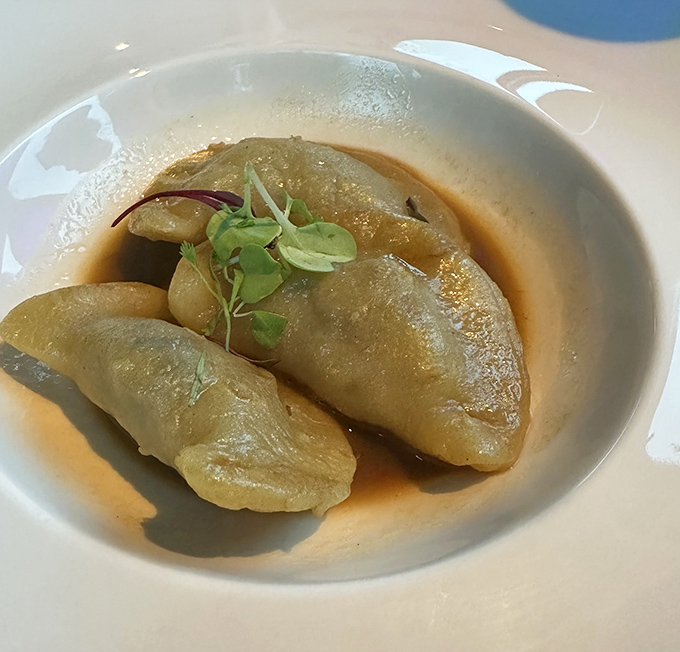 These short rib pierogies float in broth like delicious little boats sailing straight to flavor town. Eastern European comfort meets fine dining finesse.