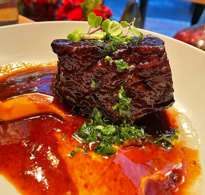 This short rib isn't just falling off the bone – it's practically filing for independence in a pool of sauce worth bottling.