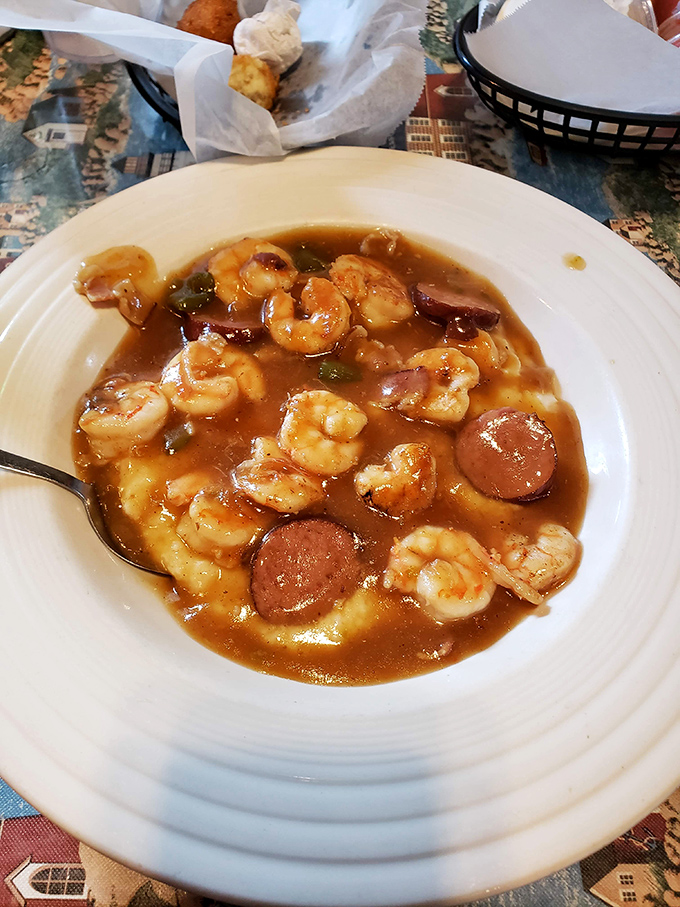 Shrimp and sausage swimming in savory broth&mdash;a Lowcountry symphony in a bowl. Each spoonful delivers a perfect harmony of land and sea.
