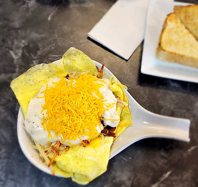 The ultimate breakfast skillet &ndash; a mountain of eggs, potatoes, and cheese that makes hitting the snooze button seem like the mistake of a lifetime.