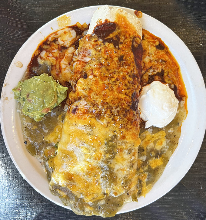 This burrito didn't just get smothered&mdash;it got lovingly enveloped in chile sauce, then tucked in with melted cheese and fresh guacamole.