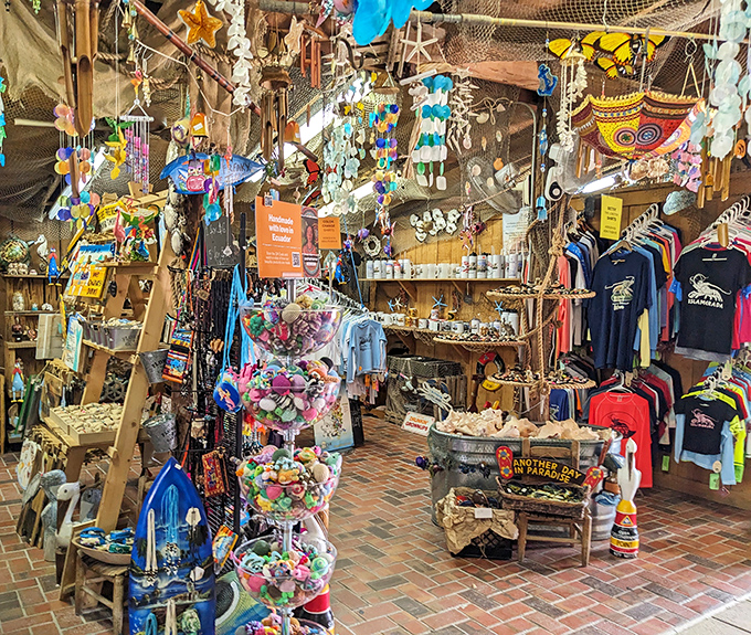 Every inch of wall space becomes a treasure hunt in these shops, where marine-themed souvenirs dangle from the ceiling like colorful stalactites.