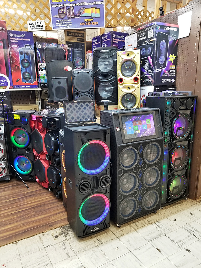 The speaker section looks like a nightclub exploded in slow motion. These aren't just sound systems—they're portable parties waiting to happen.