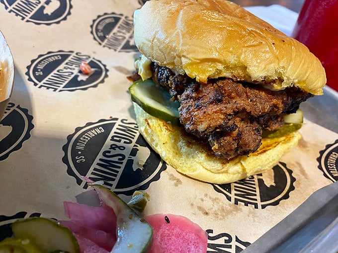 A proper barbecue sandwich should require both hands and several napkins – this beauty delivers with pickles providing that perfect acidic counterpoint.