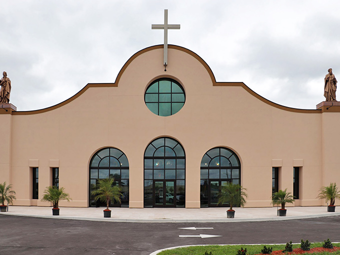 St. Paul's Catholic Church blends Florida's Spanish heritage with modern design, its distinctive façade offering spiritual sanctuary under those famous Florida skies.