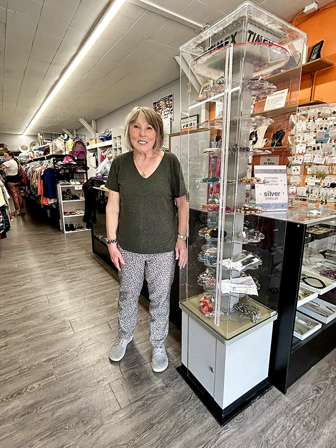 The jewelry section gleams with possibility &ndash; where vintage treasures and modern finds coexist under the watchful eye of Tip Top's friendly staff.
