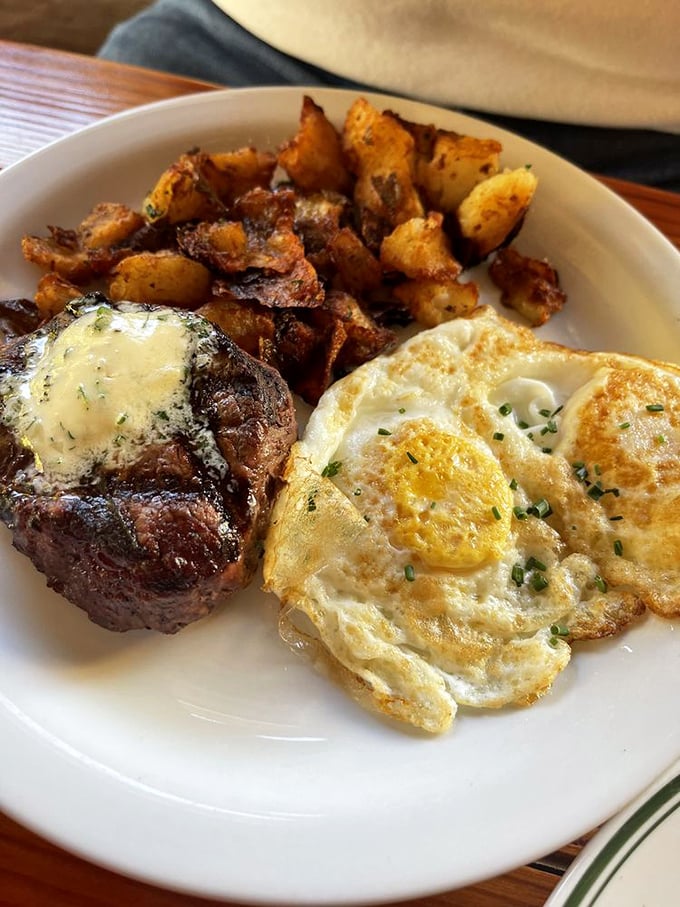 Steak and eggs: the breakfast of champions, or anyone who plans to skip lunch and possibly dinner too.