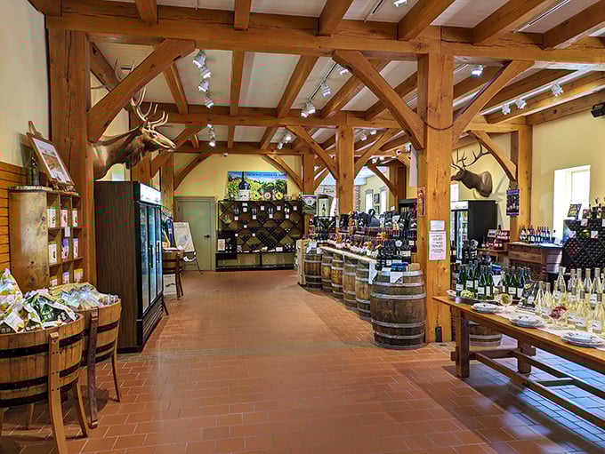 Exposed wooden beams and rustic barrels create the perfect atmosphere for wine tasting, where Missouri vintages shine in their natural habitat.
